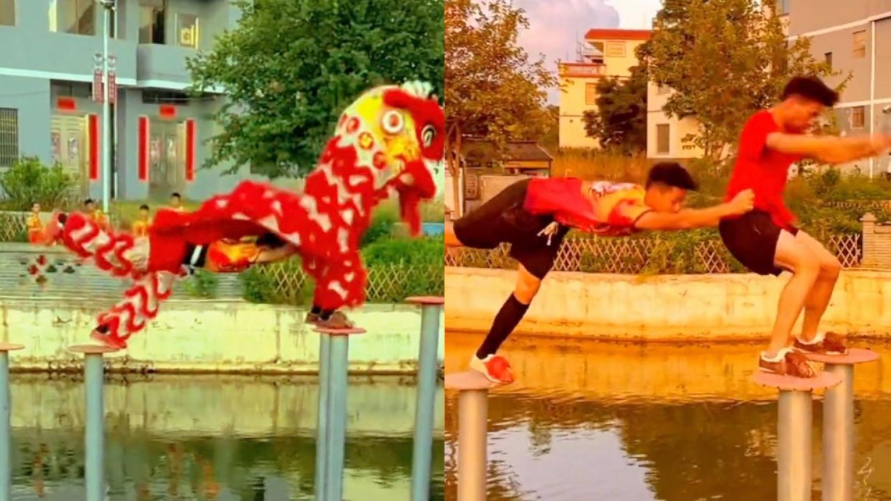 Chinese performers practice lion dance on poles in water - CGTN
