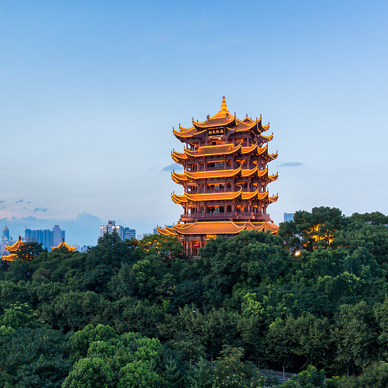 Live: Wuhan's Yellow Crane Tower with floating clouds and sunlit trees ...