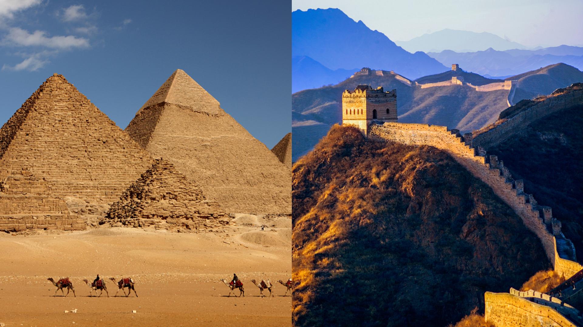 Iconic World Landmarks: Great Wall of China and the Egyptian pyramids ...